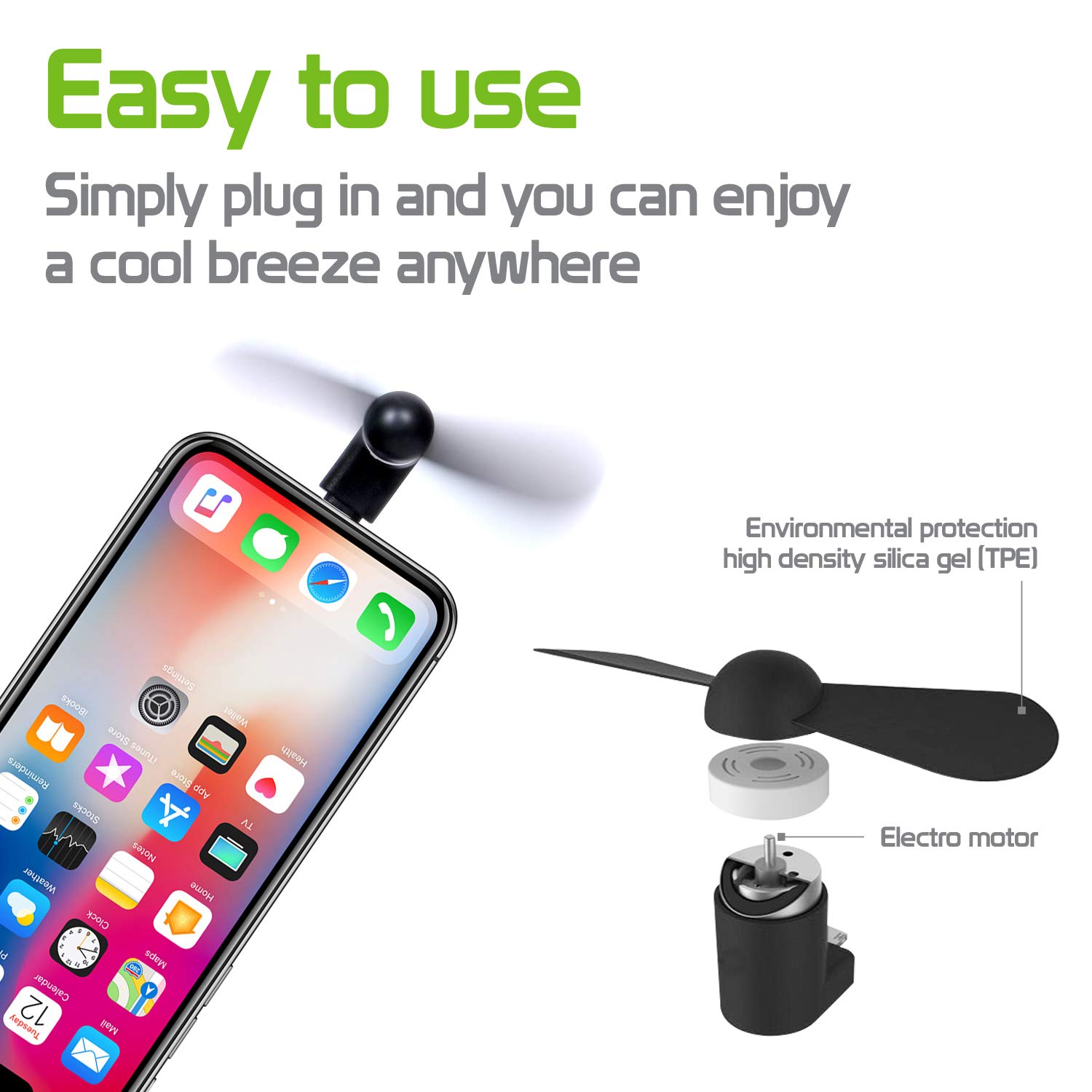 Cellet Mini Portable USB Fan Compatible with Apple iPhone 14 Pro Max Plus 13 Pro Max mini 12 Pro Max mini 11 Max XS Max Xr X 8 7 6 5 and All Other Lighting Port - Black