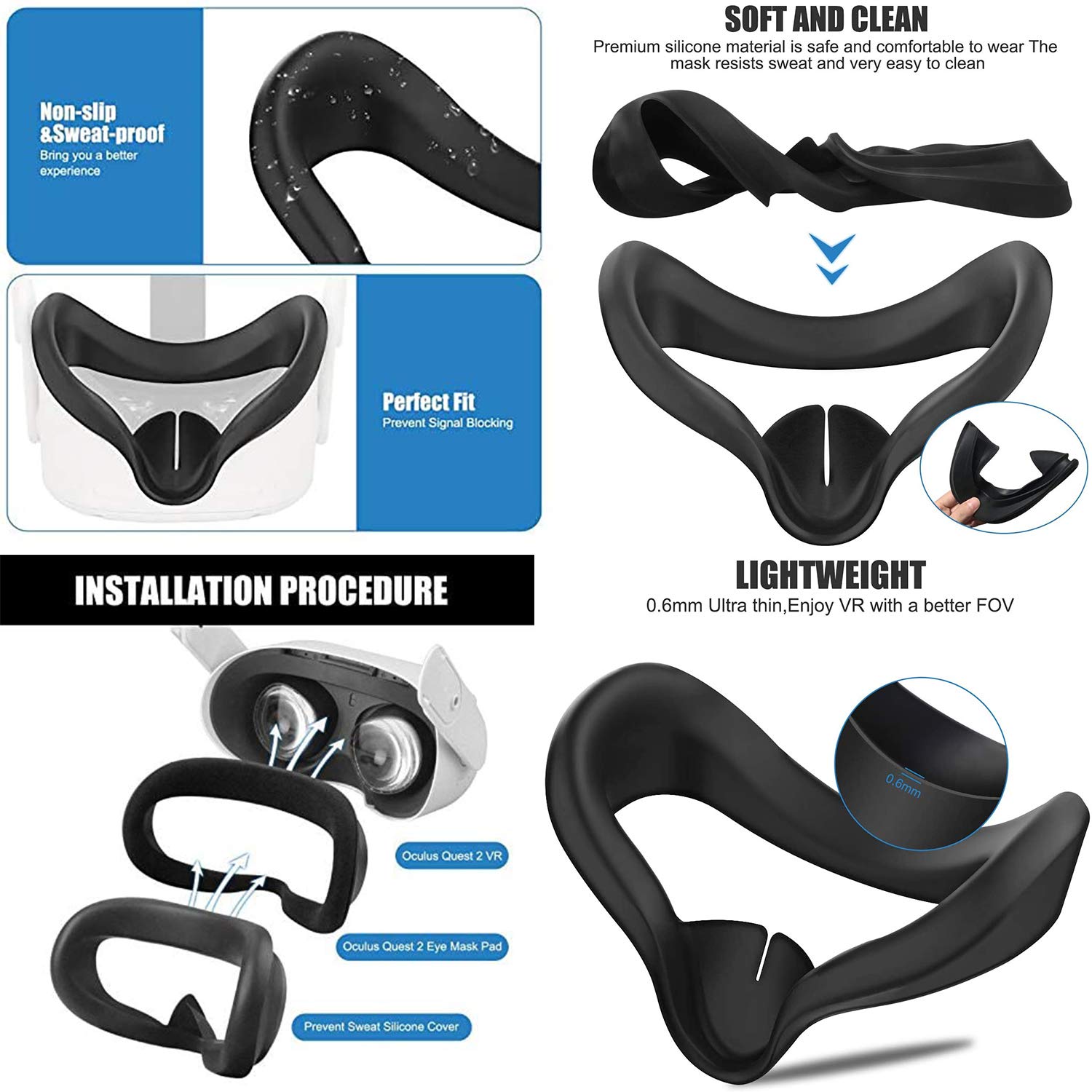 Accessories for Oculus Quest 2 VR Face Cover, 2 pcs, Premium Silicone, Sweatproof Washable Ergonomic Skin-Friendly Hygiene Enhanced Gaming, Facial Cushion for Meta Quest 2 VR Headset, White + Black