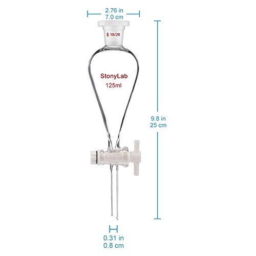 stonylab Borosilicate Glass 125 ml Heavy Wall Conical Separatory Funnel with 19/26 Joints and PTFE Stopcock, 125 ml