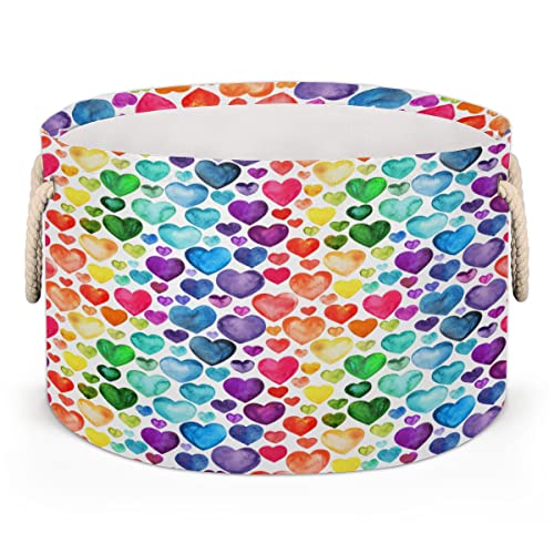 Multicolored Rainbow Hearts Large Round Baskets for Storage Laundry Baskets with Handles Blanket Storage Basket for Bathroom Shelves Bins for Organizing Nursery Hamper Girl Boy