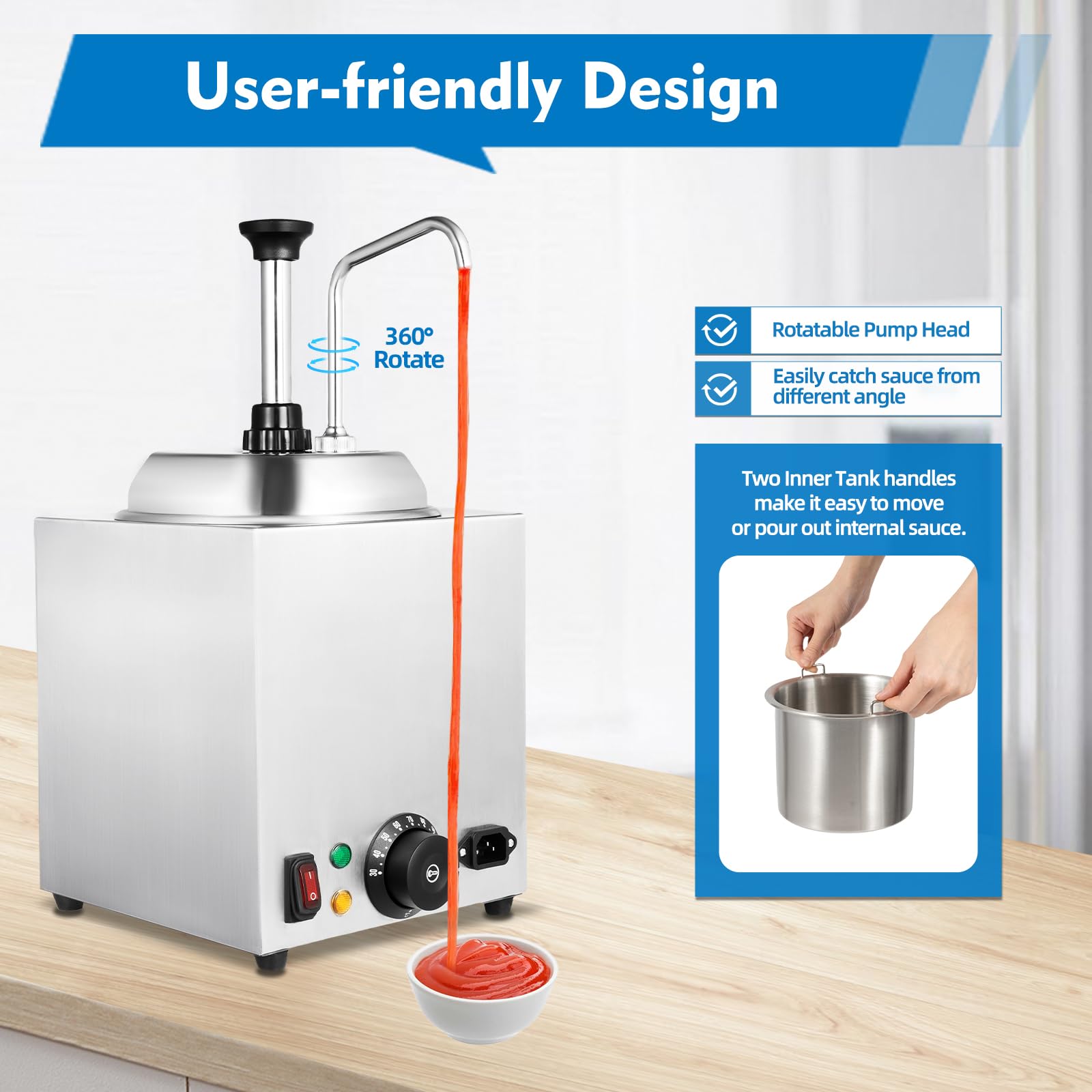 Cheese Warmer with Pump, 2.6Qt Nacho Cheese Warmer, 650W Hot Fudge Warmer with Pump 30-110℃ Temp Adjustable, Stainless Steel Hot Cheese Dispenser for Salad Jam Seasoning Sauce