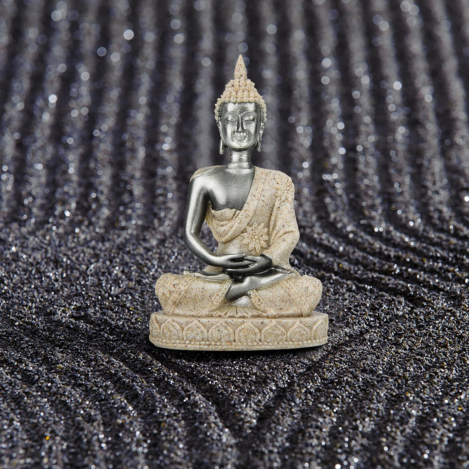 GoYonder Sandstone Buddha Statue for Home Decor, 4.3" Rustic Buddha Decor Thai Shakyamuni Figurine, Hindu Decor for Meditation Altar with Bronze Finish