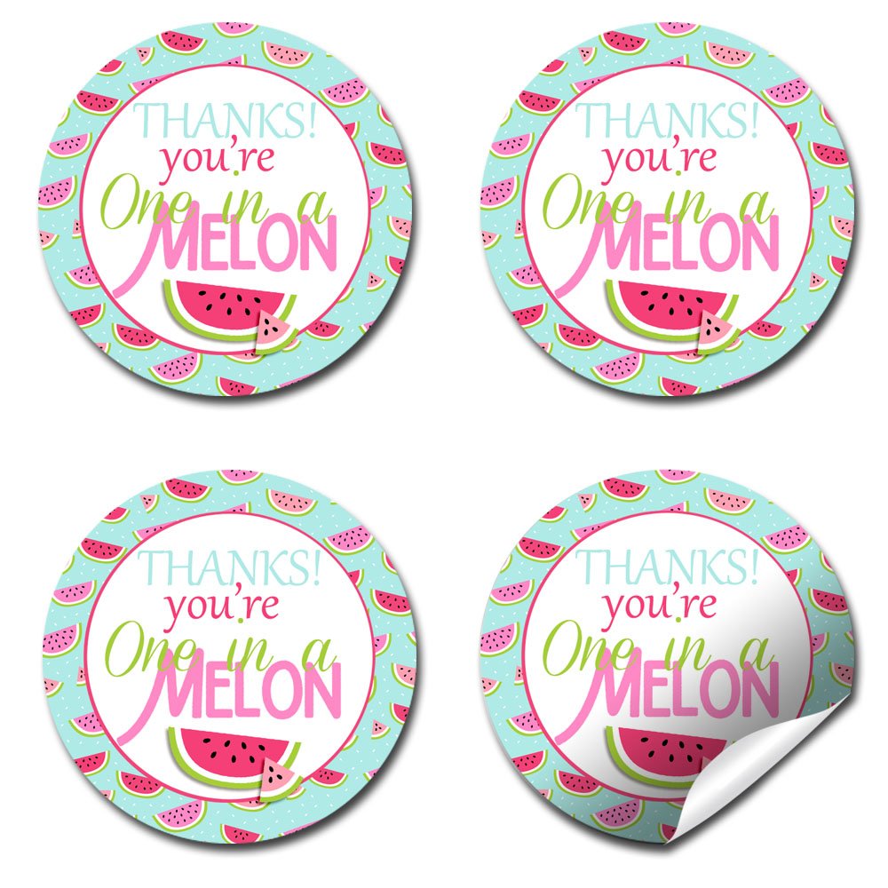 One in A Melon Thank You Sticker Labels, 40 2" Party Circle Stickers by AmandaCreation, Great for Party Favors, Envelope Seals & Goodie Bags