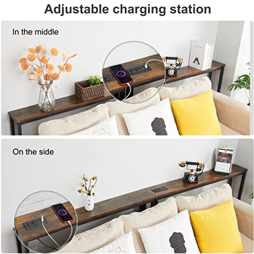 ELYKEN 2 Pack 5.9" Narrow Console Sofa Table with Power Outlets, 5.9" Dx39.4 Wx31.1 H Long Couch Table with Metal Frame and Charge Station with 6.5β Extension Cord, Rustic Brown