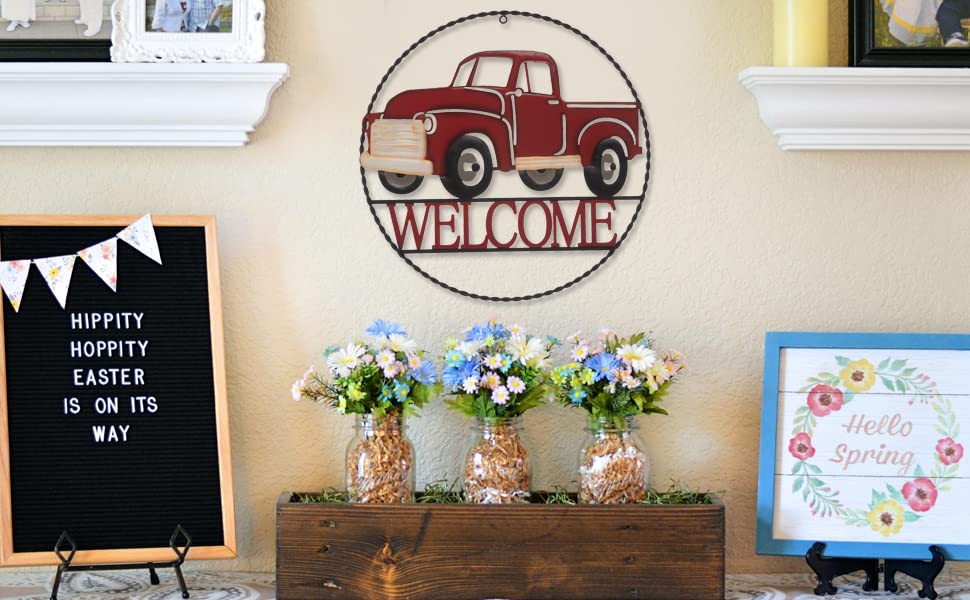 Glitzhome 23.75" L Welcome Metal Rustic Red Truck Wall Decor, Welcome Hanging Sign Decoration for Home Outdoor Indoor