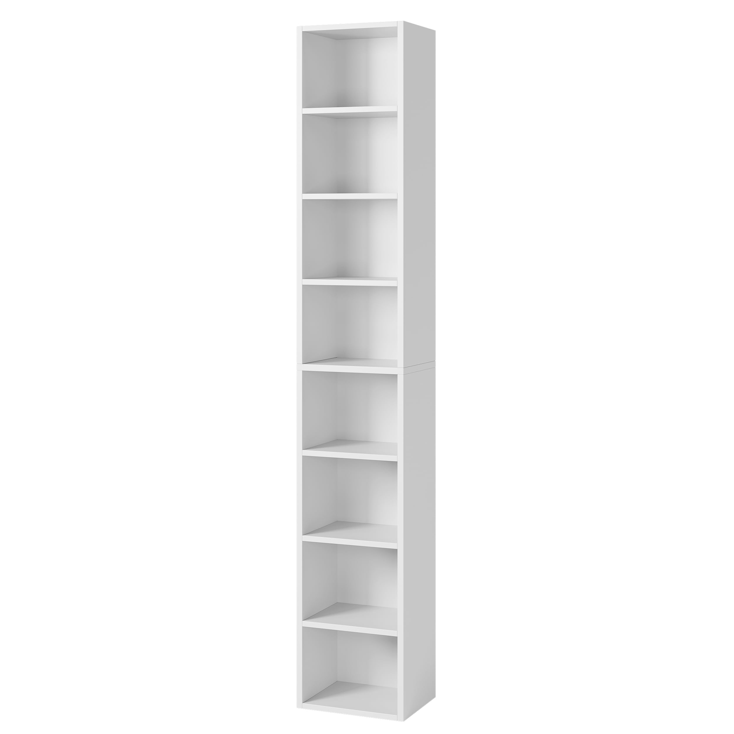 Bamjoy 71 Inches Tall Narrow Bookshelf, 8-Tier CD DVD Slim Media Tower Rack, Corner Bookcase with Adjustable Shelves, Skinny Cubes Bookshelves for Home Office Small Space, White
