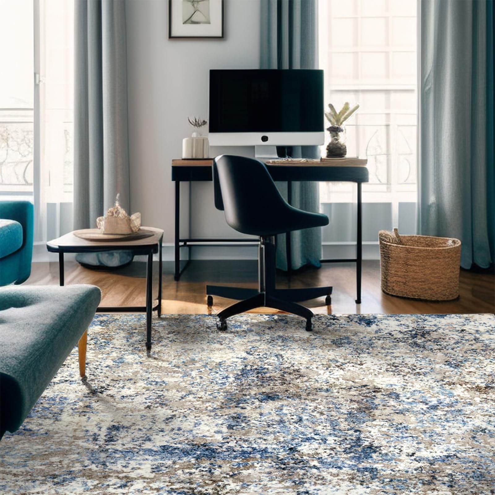 Area Rug Living Room Rugs - 5x7 Modern Abstract Large Soft Machine Washable Rug Stain Resistant Non Slip Faux Wool Low Pile Accent Carpet for Bedroom Dining Home Studio College Office - Grey/Blue
