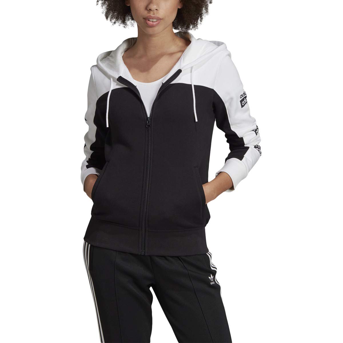 adidas Originals Women's Hoodie Trefoil Hooded Sweatshirt Sports Pullover (White/Black, Medium (M))