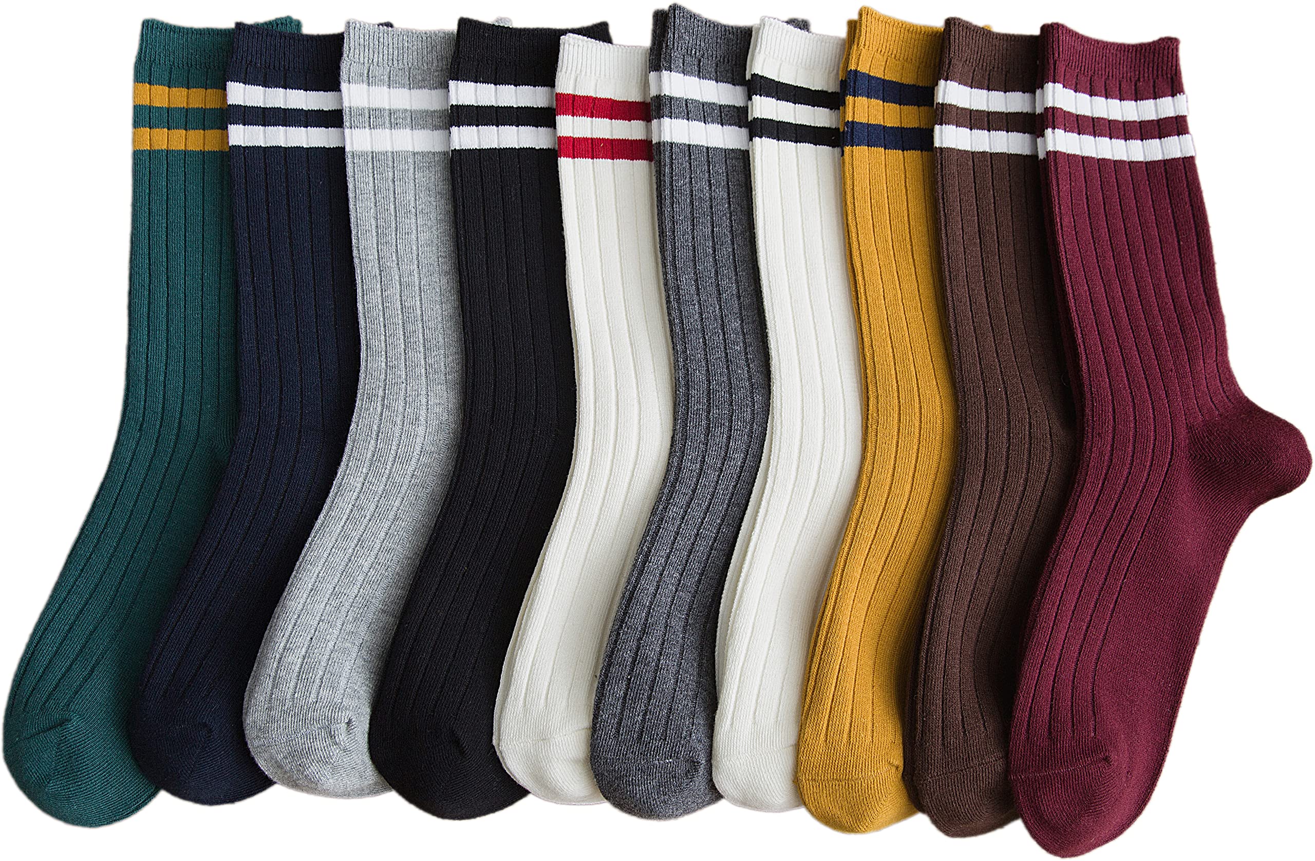 ACCFOD Womens Striped Crew Socks 10 Pairs Cute Retro Long Socks Vintage Fun Fashion Athletic Aesthetic High Socks for Women