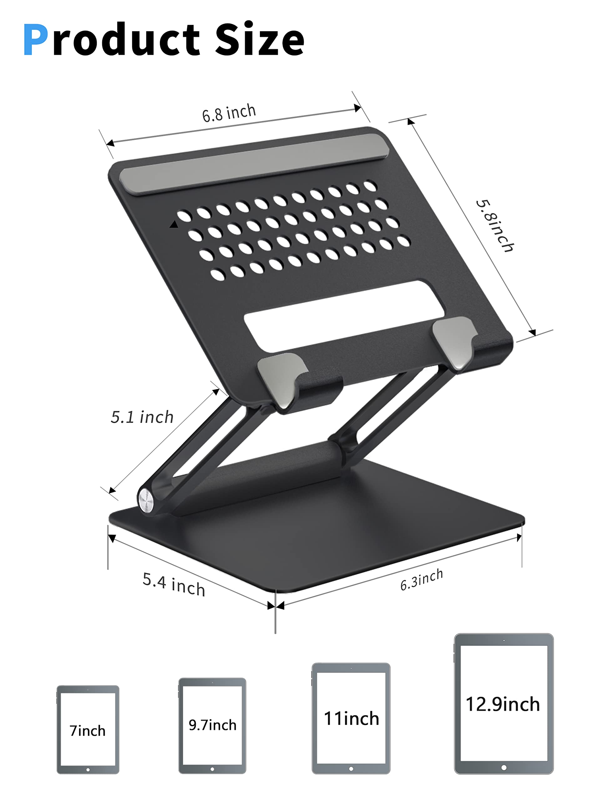 ALASHI Tablet Stand for Desk, Multi-Angle Adjustable Tablet Holder, Foldable Portable Ergonomic Design, Premium Metal Tablet Riser Compatible with 7 to 13.3 Inches Tablets, Black