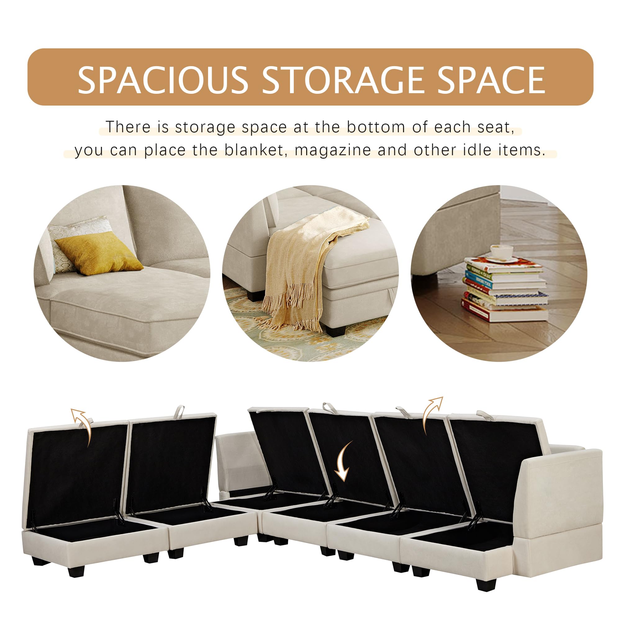 BAMOOLI 115.1'' U Shape Modular Sectional Sofa, Modern Corner Sofa with Reversible Chaise, Oversized Linen Fabirc Sofa with 4 Pillows, 6 Seat Sofa with Storage Space for Living Room, Apartment, Beige