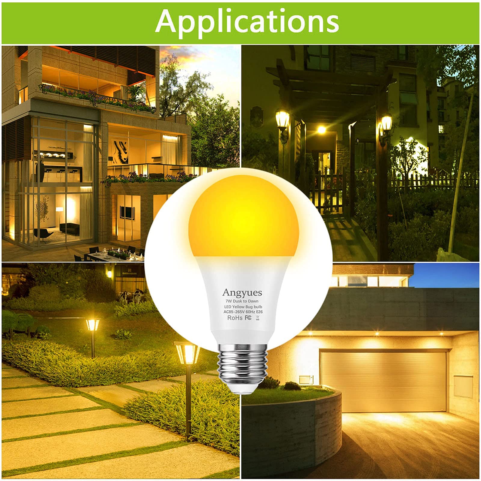 Angyues Yellow Bug Light Bulbs Outdoor, Dusk to Dawn LED Bug Light Bulbs 7W Sensor Bulb 2000K Amber Glow, E26 Automatic On/Off, Used in Corridors, Decks, Courtyards, Terraces, etc, 4 Pack