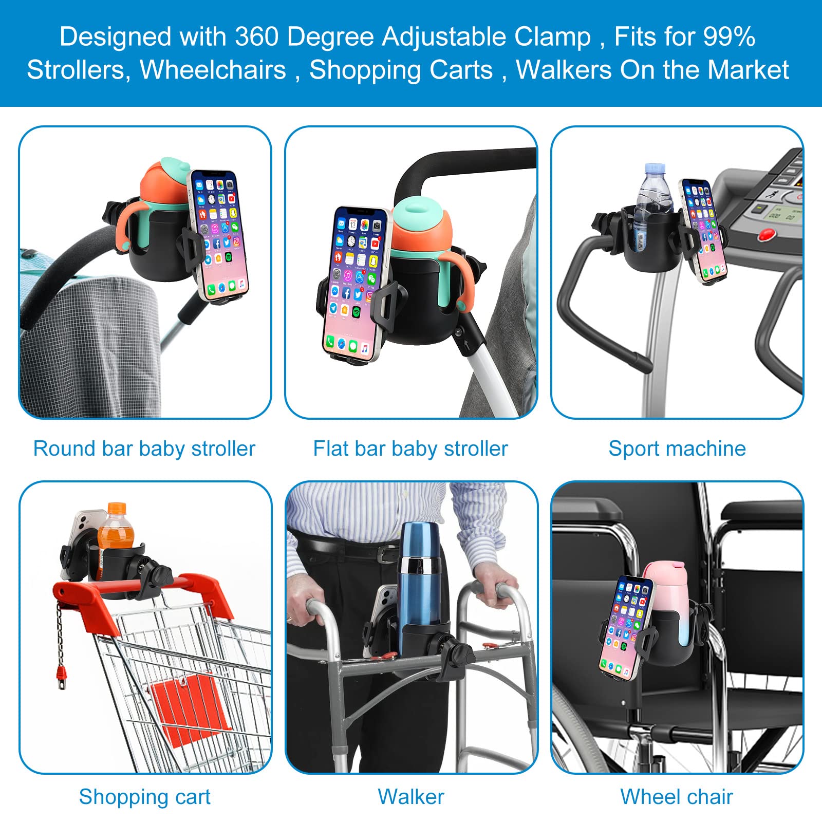 Accmor Universal Stroller Cup Holder with Phone Holder Mount, Bike Cup Holder, 2-in-1 Large Caliber Designed Cup Holder for Stroller, Bike, Wheelchair, Walker