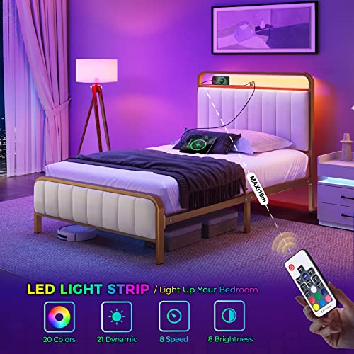 Rolanstar Bed Frame Twin Size with Charging Station and LED Lights, Upholstered Velvet Bed with Headboard Footboard, Heavy Duty Metal Slat, No Box Spring Need, Noise Free, Easy Assembly, Golden Color
