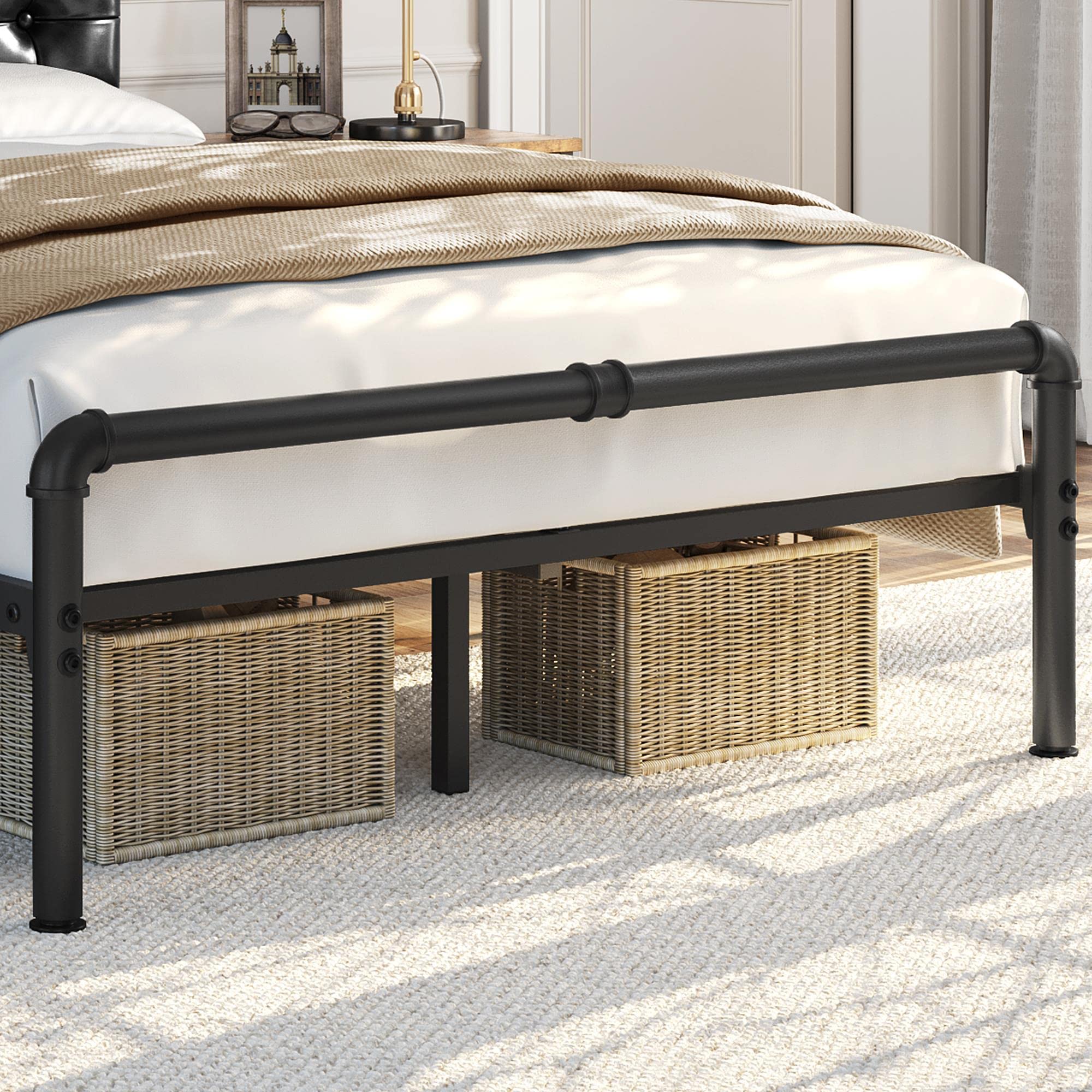 Yaheetech Full Bed Frame Metal Platform Bed with Faux Leather Height-Adjustable Headboard, 12 Inch Underbed Storage/Noise Free/No Box Spring Needed/Industrial Pipe Foot End, Elegant Brown Full Bed