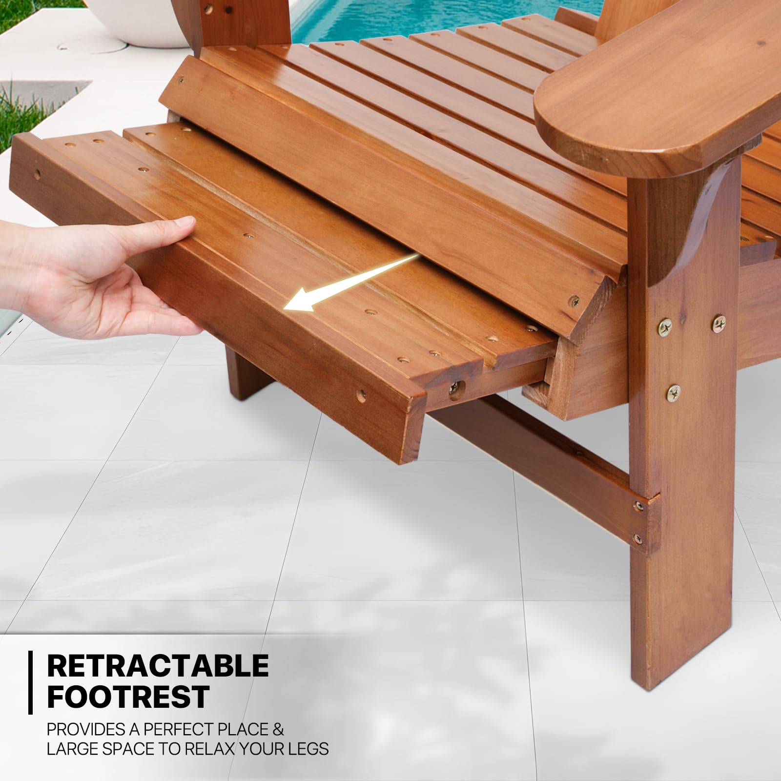 MoNiBloom Teak Adirondack Chair Set with Table & Retractable Ottoman, Outdoor Fir Wood Adirondack Chairs with Ottoman Weather Resistant, Fire Pit Chair for Deck, Garden & Backyard, 250 Lbs Capacity