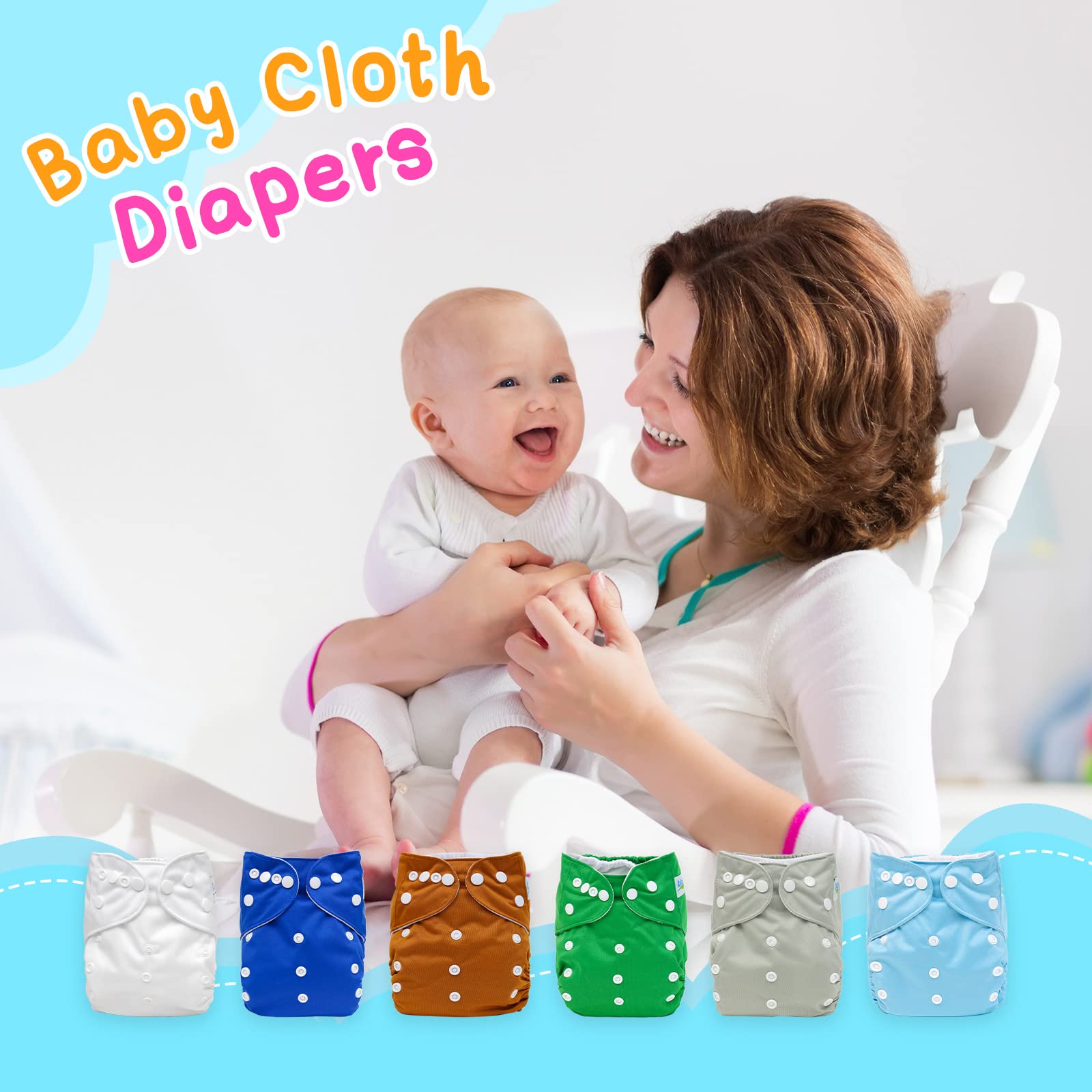 AnAnBaby Reusable Cloth Diapers for Babys, One Size Adjustable Washable Pocket Nappy Covers 6 Pack with 9pcs Microfiber Inserts for Toddler Boys & Girls