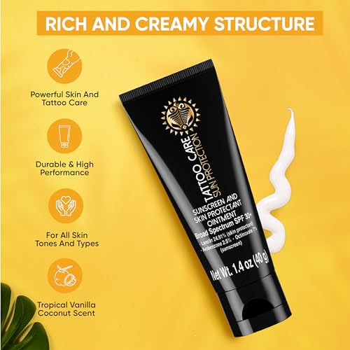 Makra Tattoo Care Sunscreen β SPF 30+ All Natural Tattoo Sun Protection - UVA/UVB Protection - Deeply Moisturizes and Protects Ink Against Fading - Enhances Colors, Water Resistant - 1.35 Oz/40 g