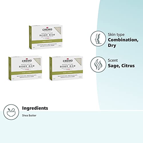 Cremo Exfoliating Body Bars Sage & Citrus - A Combination of Lava Rock and Oat Kernel Gently Polishes While Shea Butter Leaves Your Skin Feeling Smooth and Healthy (Pack of 3)