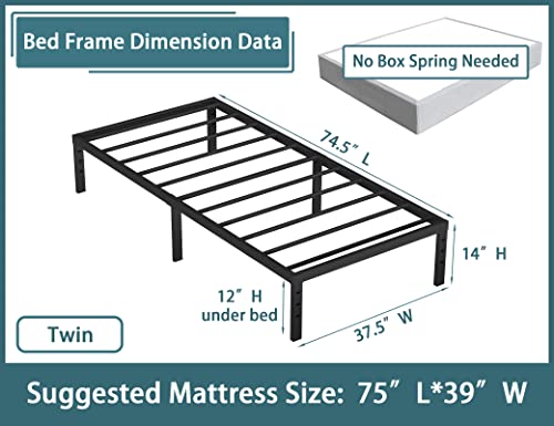 Rooflare Twin Size Bed Frames 14 Inch Heavy Duty Max 3500lbs Metal Twin Size Mattress Platform for Boys Girls Kids No Box Spring Needed Easy to Assemble-Black