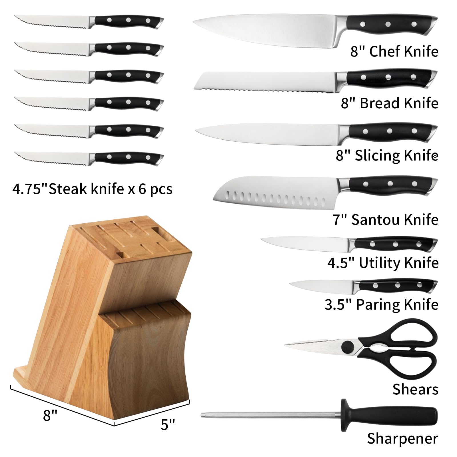 Alata 15-Piece Knife Set with Block, Razor-Sharp,Kitchen Knife Set, Forged Triple Rivet Stainless Steel Knife Block Set