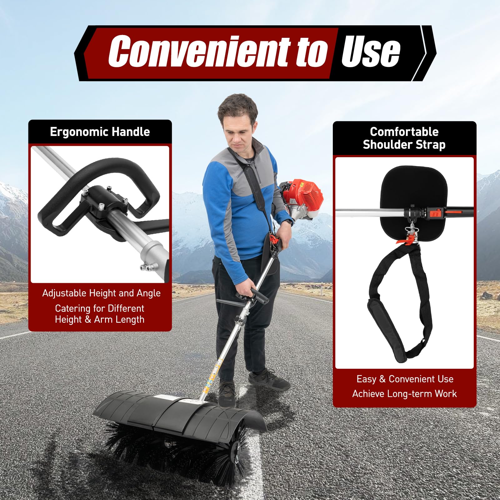 Bacacoo 52cc 2.3HP Gas Power Sweeper, Walk Behind Power Sweeper Broom 1700w Gas Engine Sweeper Lawn Gravel Turf for Cleaning Artificial Grass Sites Farms
