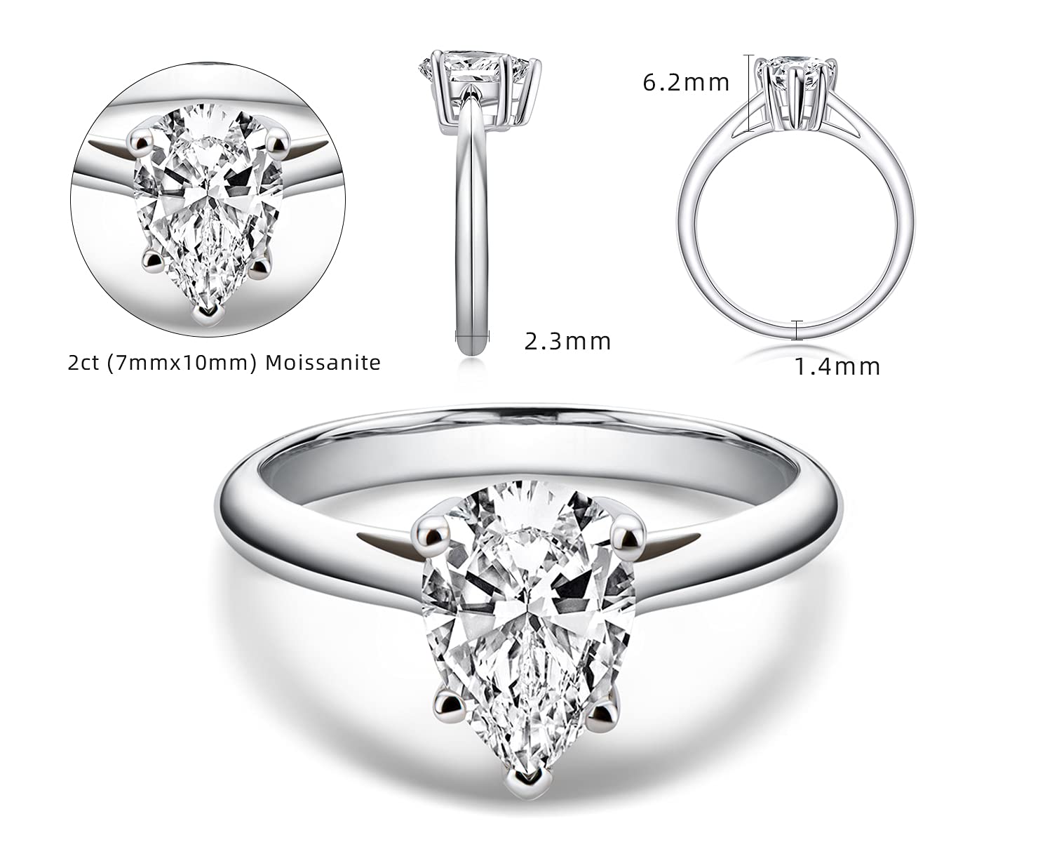 AINUOSHI Sterling Silver Moissanite Diamond Ring, 2.0ct Pear Shaped Wedding Ring, D-E Color Grade, Perfect for Wedding, Engagement Proposal and Anniversary. Size 4.0 In US