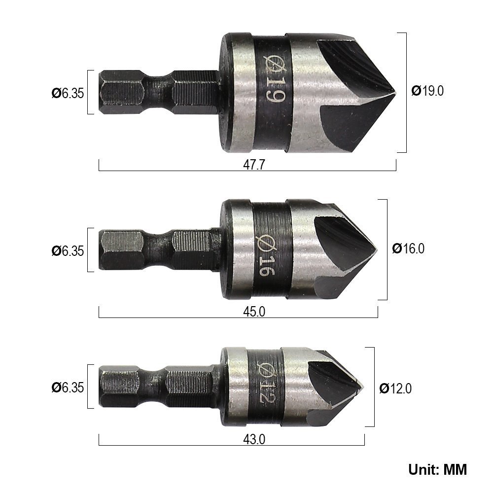Yakamoz 3Pcs 1/4 Inch Hex Shank 5 Flute 90 Degree Chamfering Countersink Drill Bit Set | 12mm 16mm 19mm