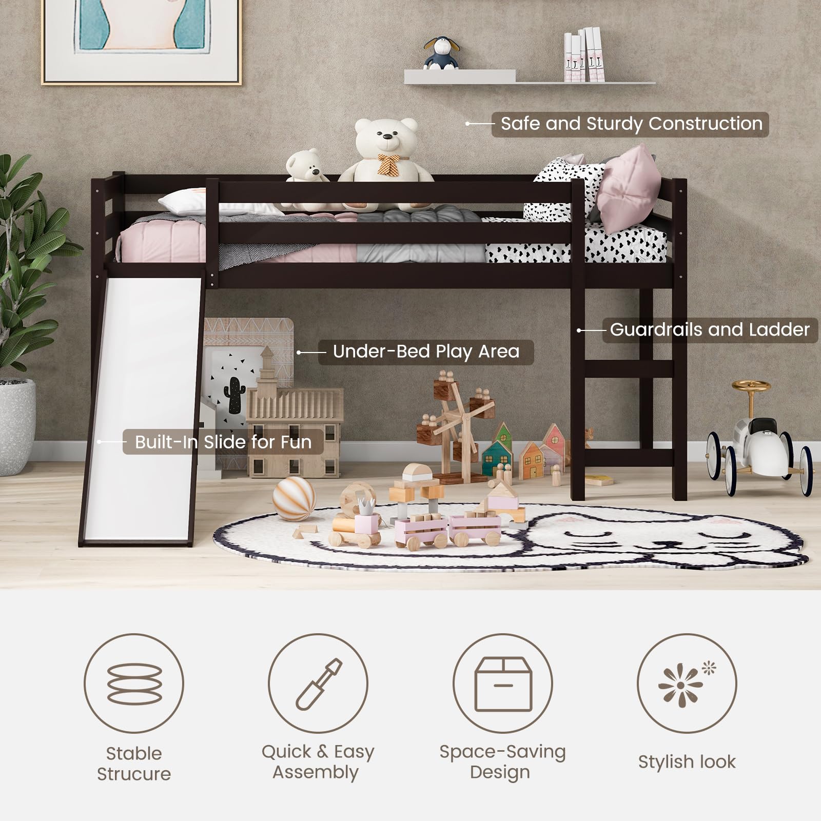 NAFORT Twin Loft Bed with Slide, Low Loft Bed with Stairs, Solid Wood Twin Loft Bed Frame for Girls Boys with Climbing Ladders Guard Rails and Slat Support (Espresso)