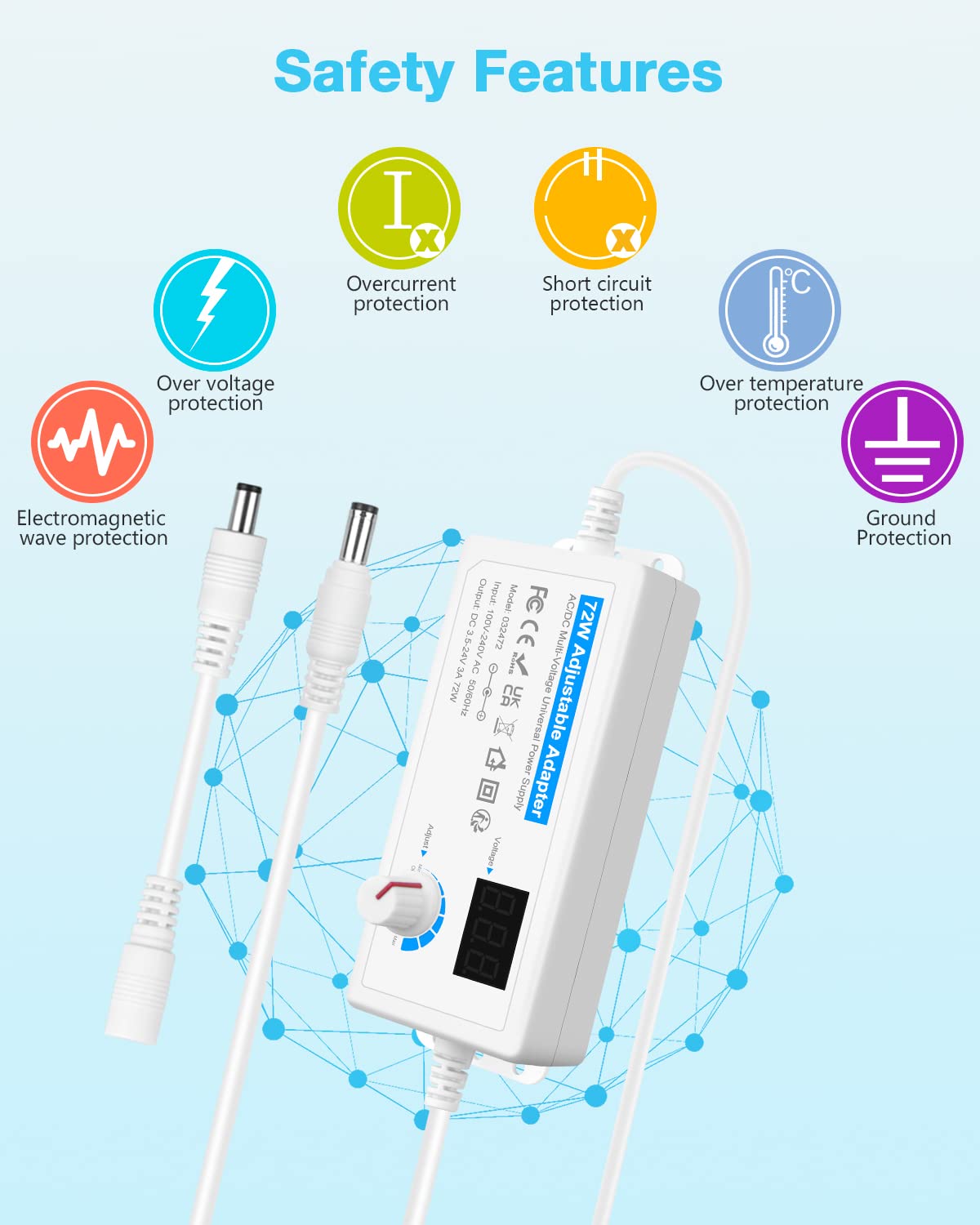 Aclorol 3V-24V 3A 72W Universal Power Supply AC/DC Adapter 5V 6V 9V 12V 15V 18V 24V Power Adapter Adjustable Variable 100V-240V AC to DC Converter 0.5A 1A 2A 3A Max with 14 Tips 5.5x2.5mm 4.0x1.7mm