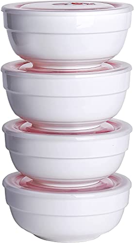 HAPPY KIT 6" 24oz Bowls with Lids, Airtight Food Storage Containers with Lids, Porcelain Soup Bowls Set of 4 for Cereal, Soup, Salad, Rice, or Pasta, Thick-edge Non-slip Design