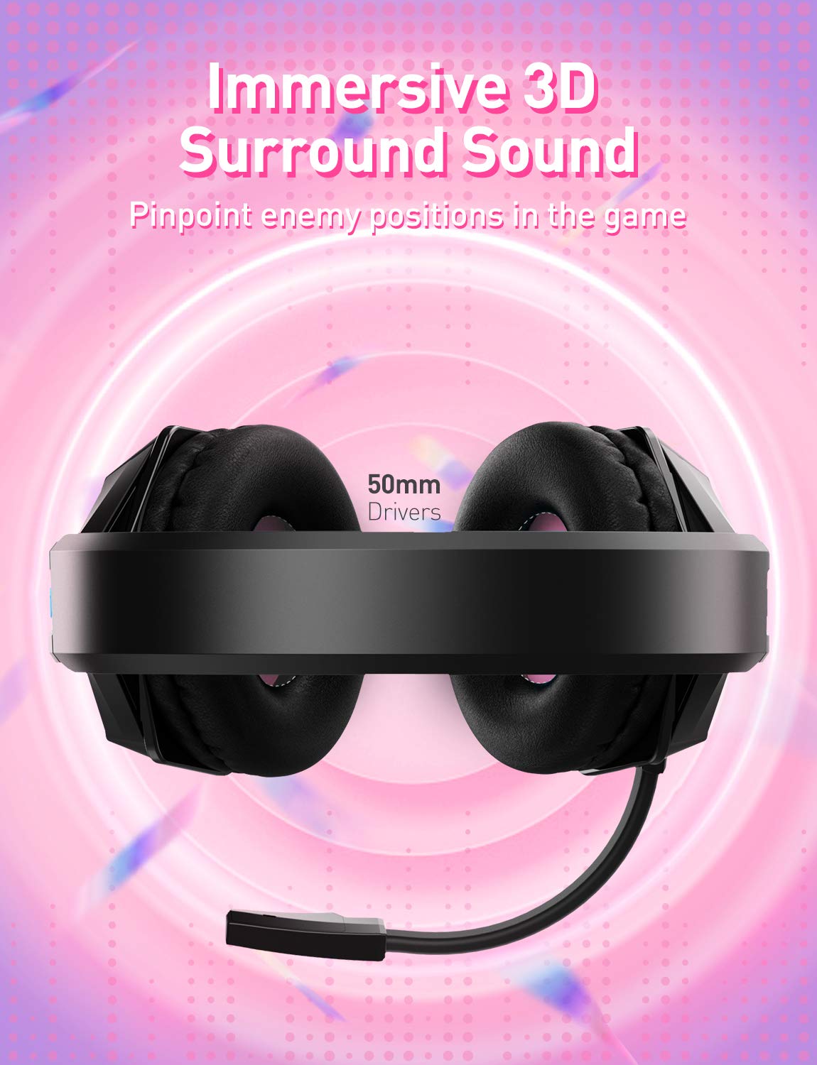 MW ACC CA Gaming Headset Pink for PS4, PS5, PC, Xbox One, Over Ear Headphones with Noise Cancelling Mic, PC Headset with Bass Surround Sound, LED Light, for Laptop Mac Switch, Girls, Kids