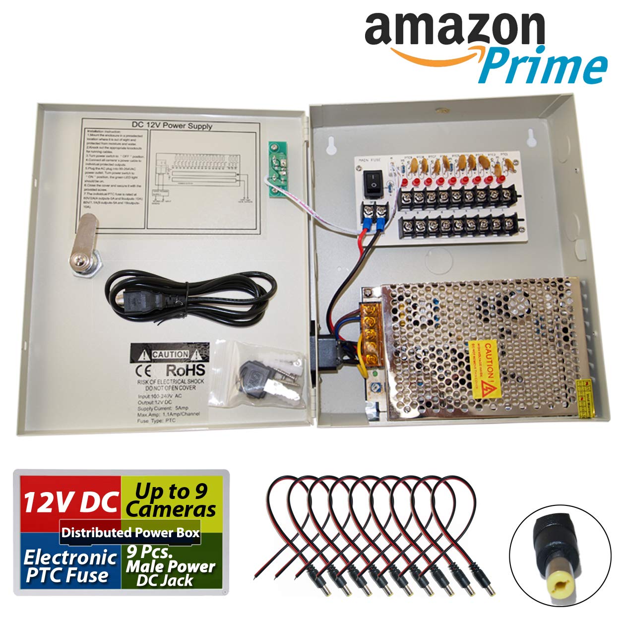 Evertech 8 Channel 9 Port Power Box Security Camera 12V DC 5A Amper CCTV DVR Power Supply Switch Box Key Locked with 9 Pcs. Male Power Jack (9 Port)