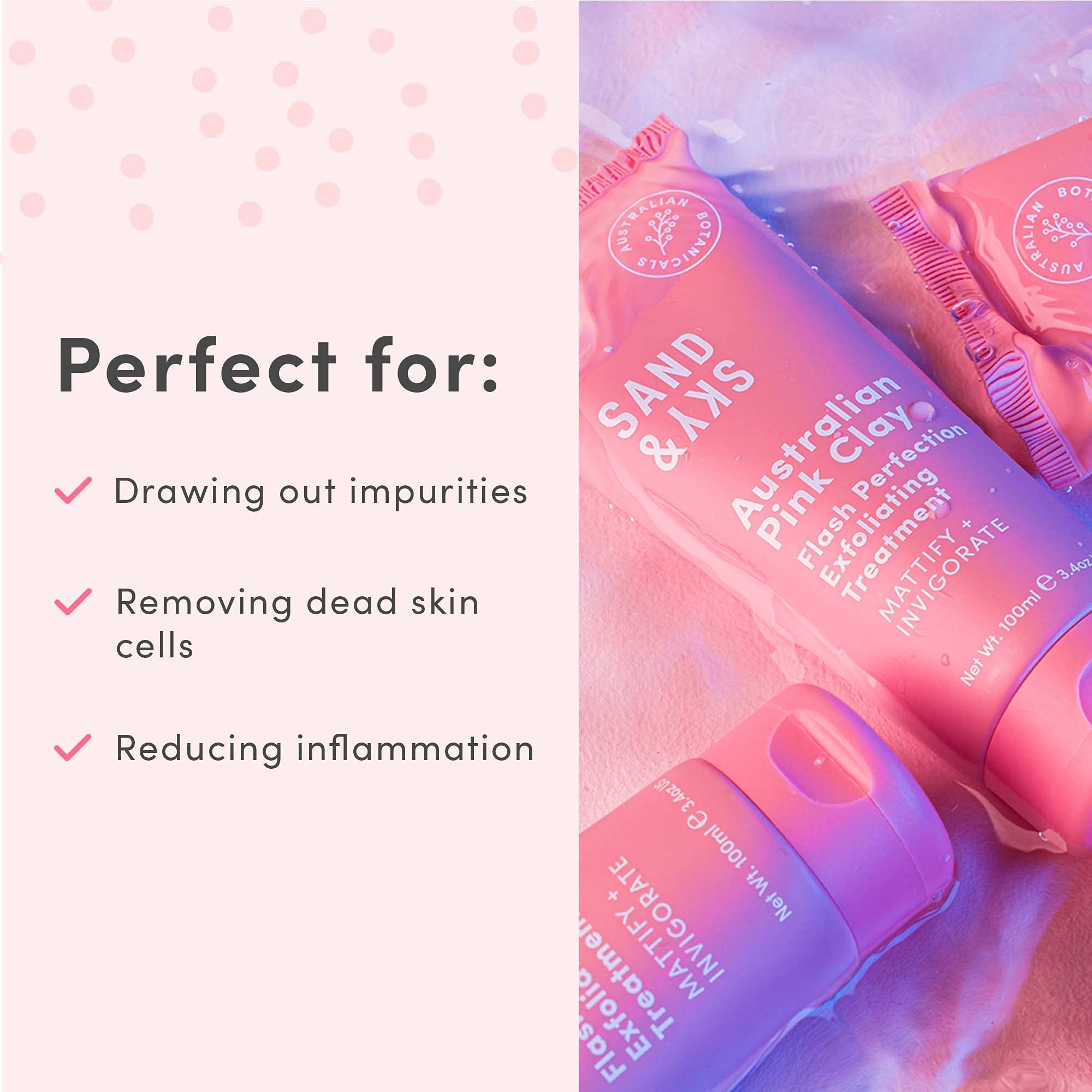 Sand & Sky Flash Perfection Exfoliating Treatment Face Scrub - Face cleanser Australian Pink Clay Moisturizing Facial Exfoliator For Face | With Rosehip, Grapeseed, Olive Oil (3.4 oz)