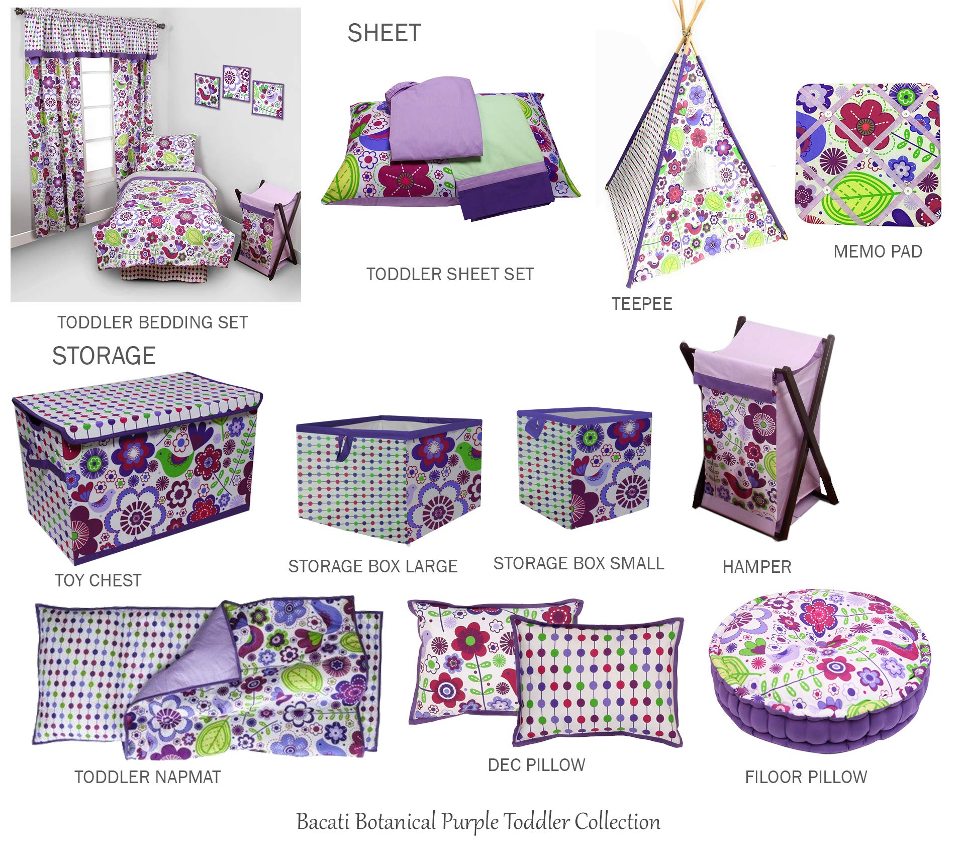 Crib or Toddler Bed Skirt or Dust Ruffle Botanical, Purple/Lilac/Green/Plum