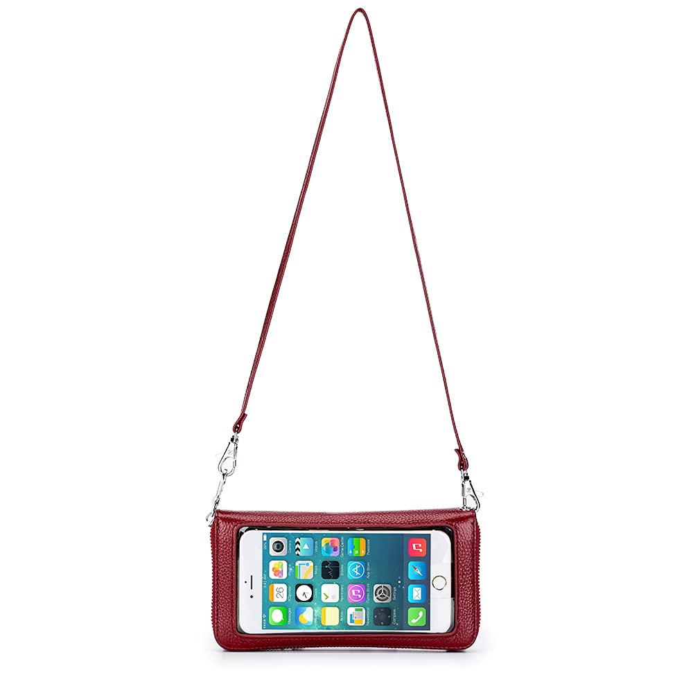 Genuine Leather Shoulder Bag Cell Phone Bag with Touch Screen Window Women Wallet Purse with Card Slots Coin Pouch Wine Red