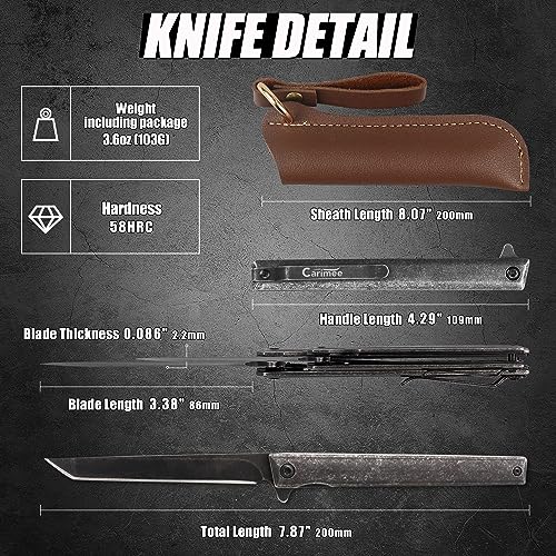 Carimee Pocket Knife with Pocket Clip, Sheath, D2 Steel Blade, Stonewashed Handle, EDC Gentleman Knife for Outdoor, Gift for Men LD02T