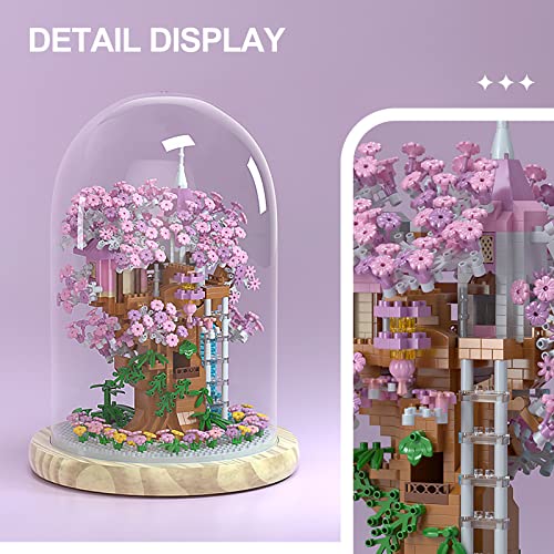 Insgen Cherry Blossom Bonsai Tree House Building Set for Adults, 1382 Pcs Micro-Particle Ideas Sakura Tree, Complete with String Lights, Dust Cover, and Wooden Base(Not Compatible with Lego Set)
