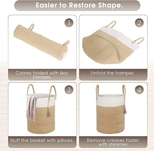 Pack of 2 Tall Woven Laundry Basket Collapsible for Storage Clothes Basket Laundry Hamper Basket for Bedroom Living Room Nursery Blanket Pillow Toy Dirty Clothes Hamper (2 Pack Ochre)