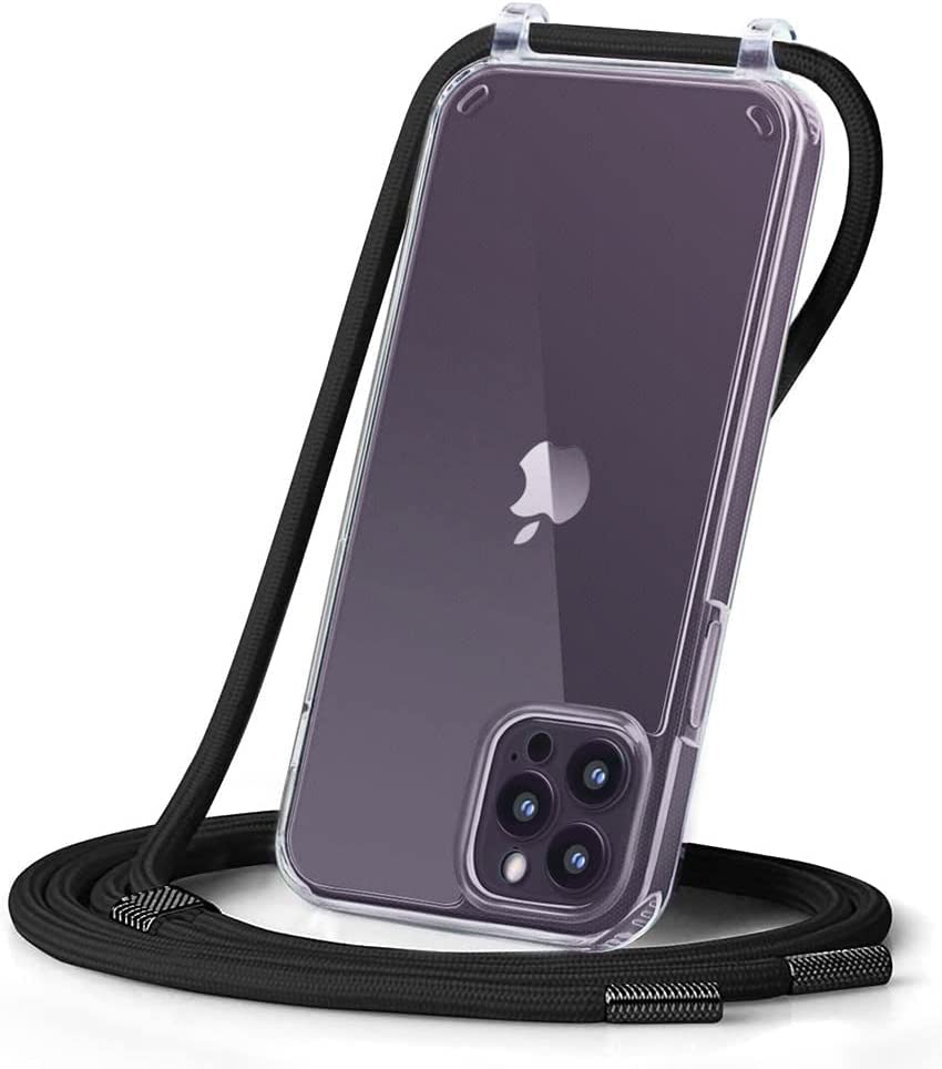 CAROKI Crossbody Case for iPhone 14 Pro, Crossbody Hard PC Phone Cover with Adjustable Nylon Neck Strap Clear Transparent Phone Case for iPhone 14 Pro-Black
