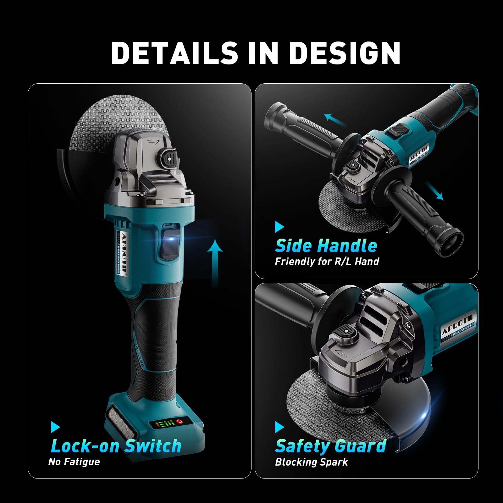 APROTII 4-1/2" Cordless Angle Grinder for Makita Battery, 10000RPM Brushless Power Angle Grinder with Lock-on Design, 3-Speed&Handle, Cordless Electric Grinder for Metal Cutting & Grinding, Bare Tool