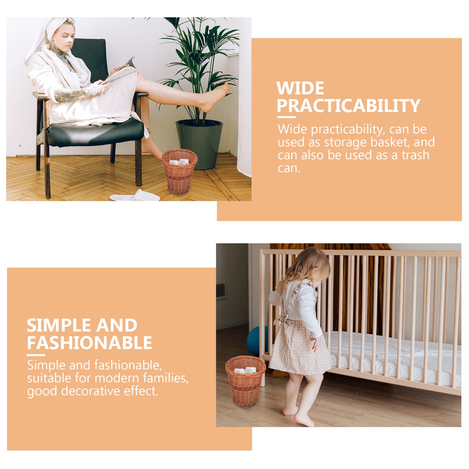 DOITOOL Portable Woven Basket Trash Can Decorative Sundries Container Basket Small Wastebasket Woven Storage Baskets for Bedroom, Bathroom, Utility Rooms, Garages (10 x 11 x 7 inch)