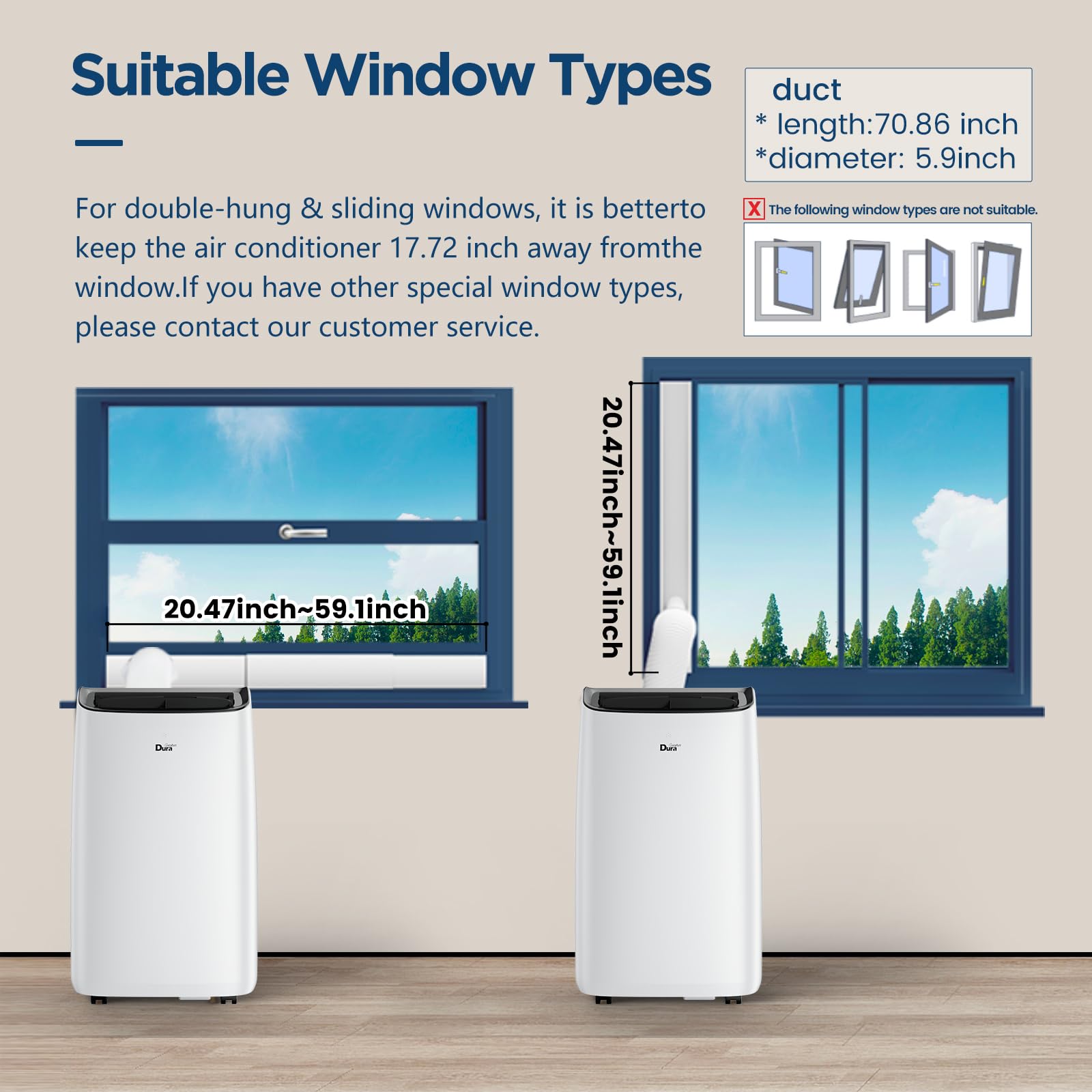 DuraComfort Cooling&Heating Portable Air Conditioners, 14000 BTU(ASHRAE) /10400 BTU (SACC), Dehumidifier, Fan, AC for Room, Up to 450 Sq.Ft