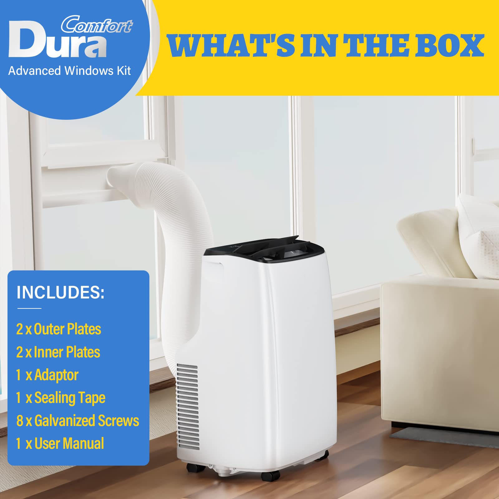 DuraComfort Portable Air Conditioner Window Kit, Sliding Vent Kit with Coupler for 5 Inches Diameter Universal Thread AC Exhaust Hose, Up to 61.8 Inches
