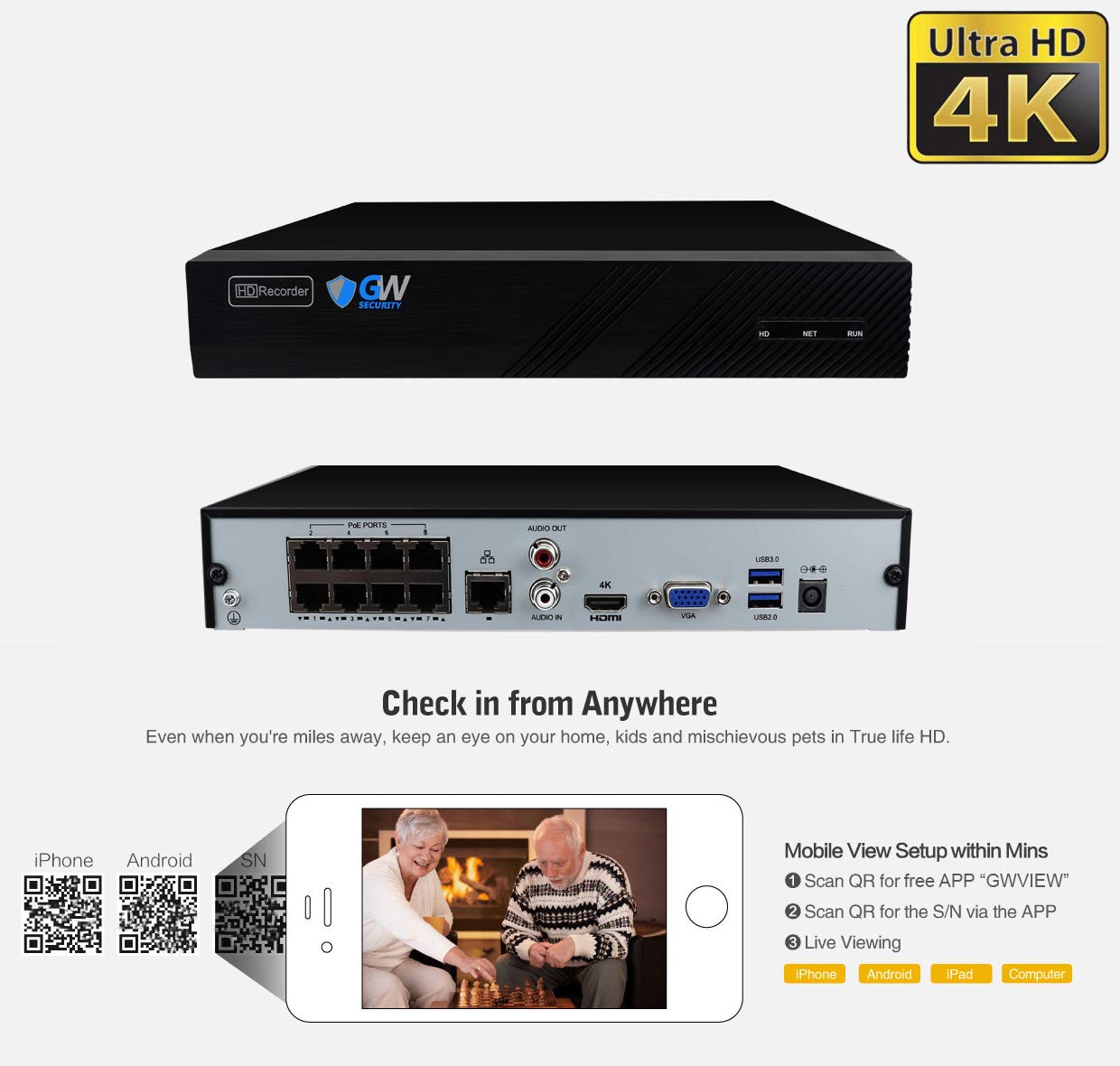 GW Security 8 Channel 4K NVR H.265 8MP Fulltime Color Night Vision Security Camera System with 4 UltraHD 4K IP Two-Way Audio Outdoor PoE Security Cameras, Smart AI Human Detection