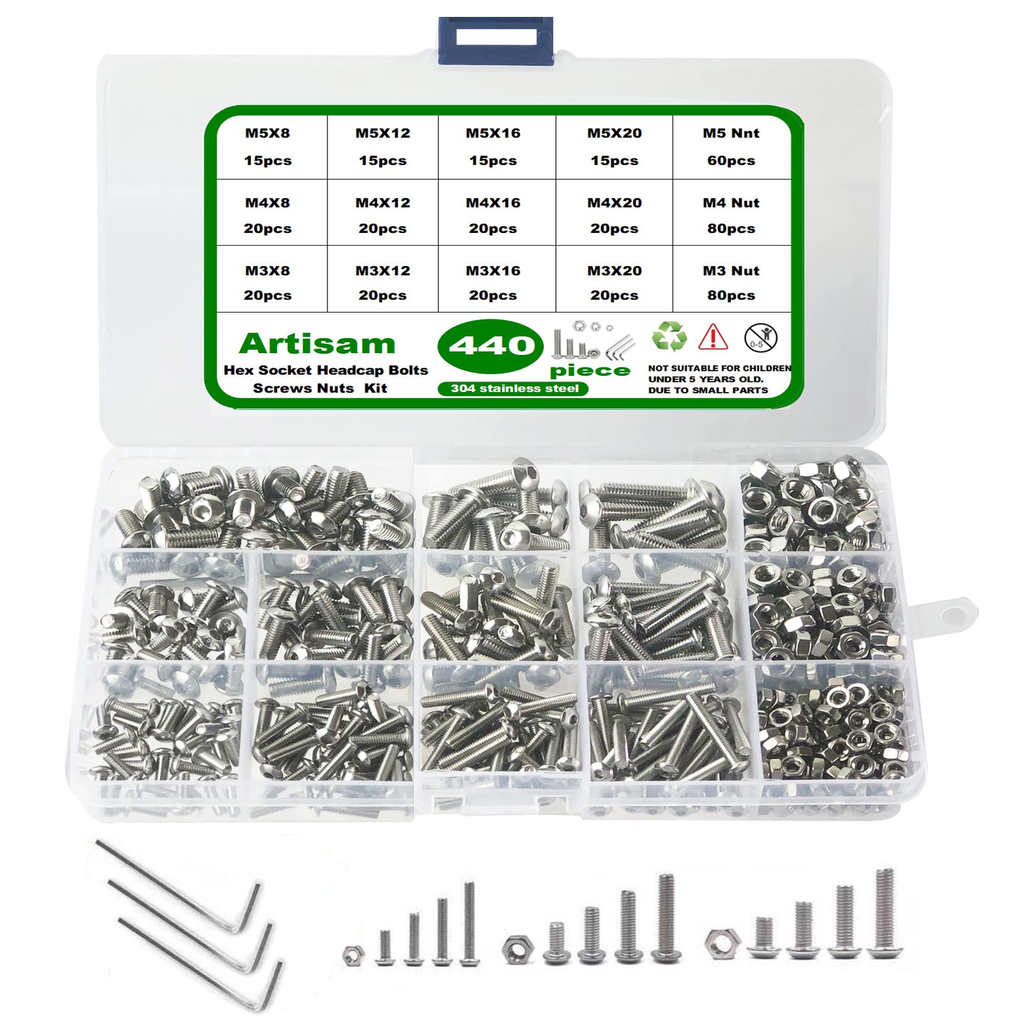 Artisam 440 PCS M3/M4/M5 Slotted Pan Head HEX Socket Set Screw Bolts Nut, Stainless Steel Machine Screws Assortment Kit with Storage Case