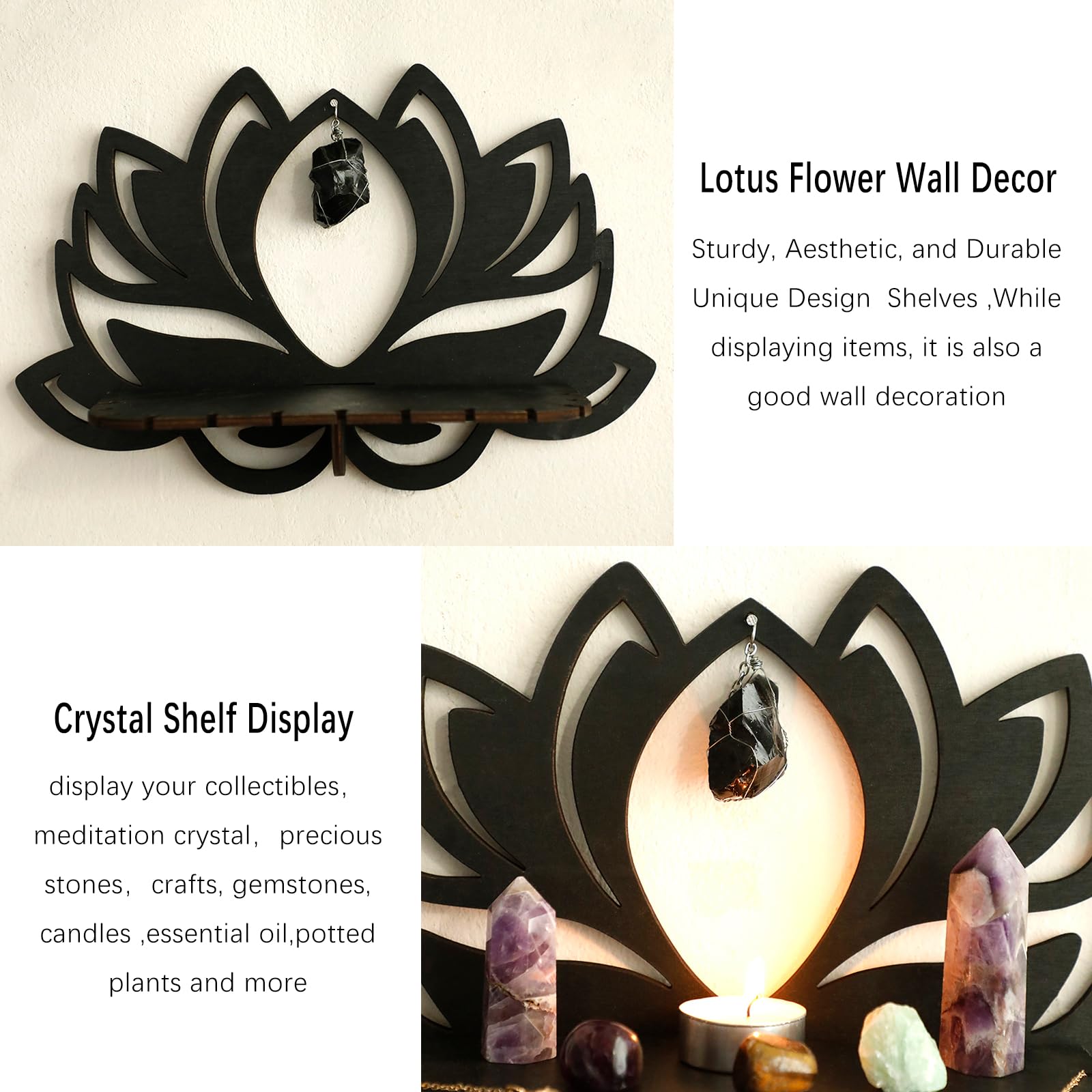 Artilady Lotus Flower Crystal Shelf -3 Pack Floating Shelves for Wall Bedroom Decor Black Cute Display Shelf for Crystals and Stones Aesthetic Boho Room Decorations Witchy Gift for Women…