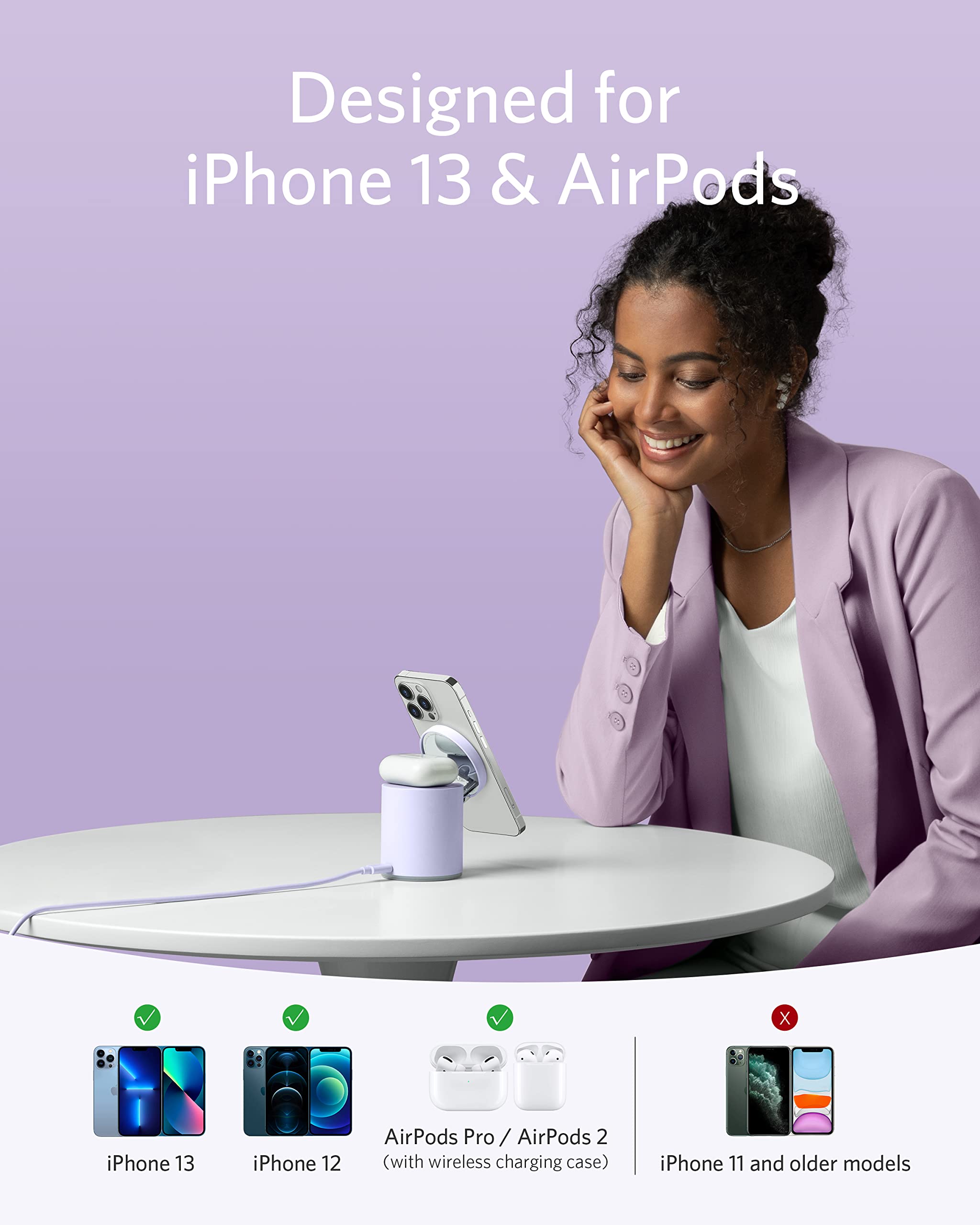 Anker Magnetic 623 MagGo 2-in-1 Wireless Charging Station with 20W USB-C Charger, for iPhone 14/14 Pro/14 Pro Max/13/13 Pro Max, AirPods Pro (Lilac Purple)