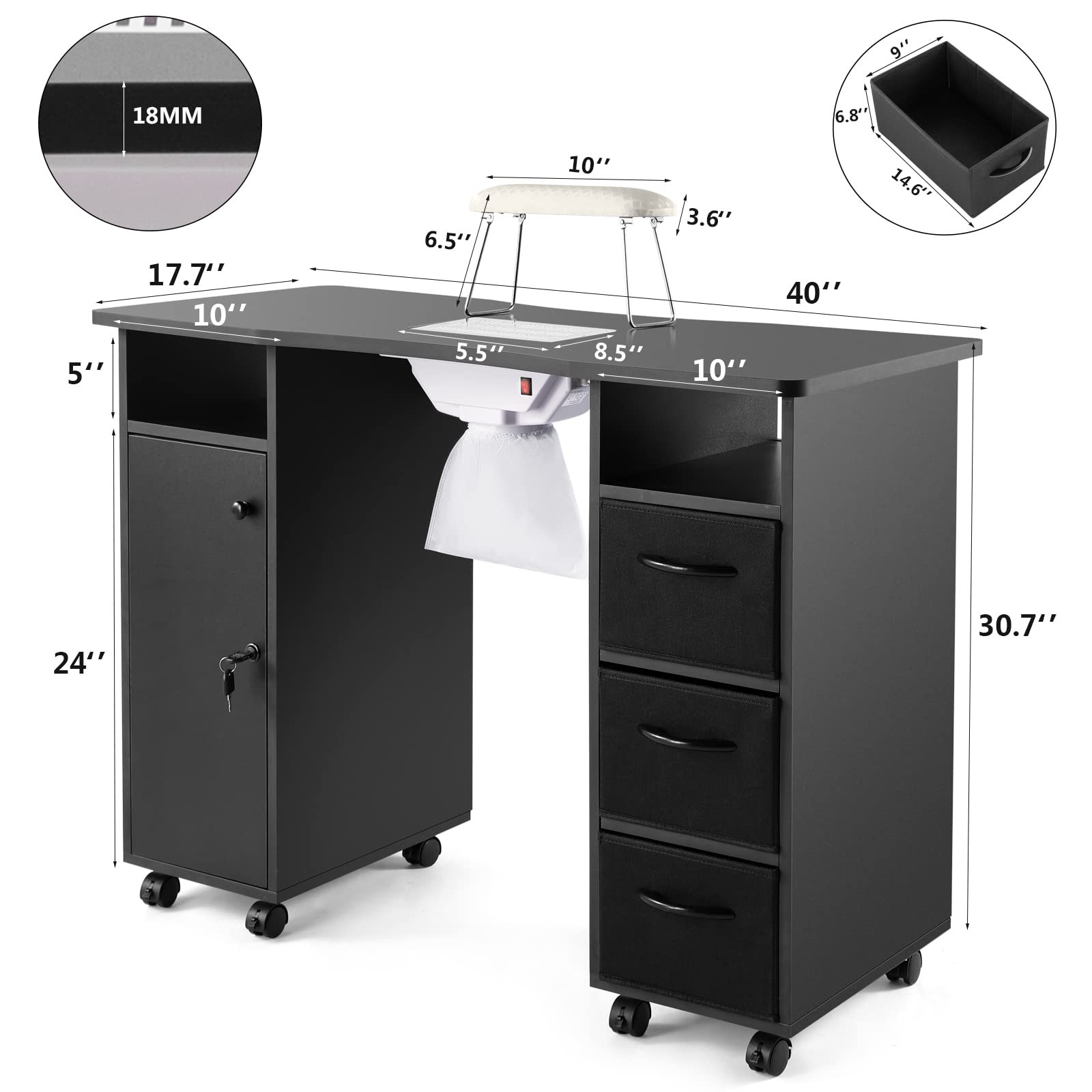 Artist hand Manicure Table, Nail Table, Nail Beauty Manicure Desk, Wrist Cushion, Lockable Wheels, Storage Drawers, Electric Downdraft Vent, White