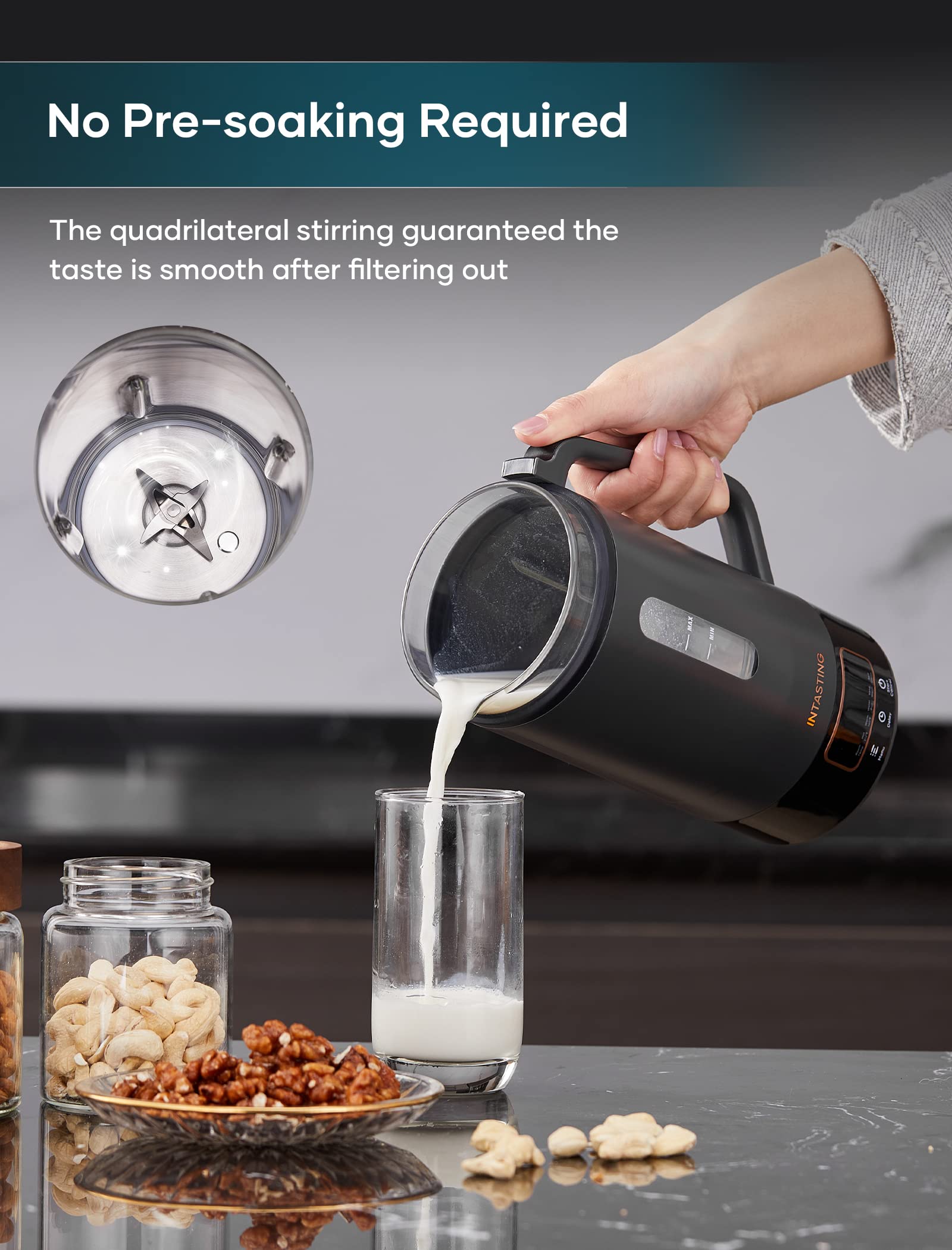 INTASTING Automatic Nut Milk Maker, Glass Inner, Homemade Almond, Oats, Etc Grain, Soy Milk Machine with 6 Preset, Keep Warm, Delay, Boil Water, Blende, Self-Clean, Boil-Dry Protection, Easy Clean
